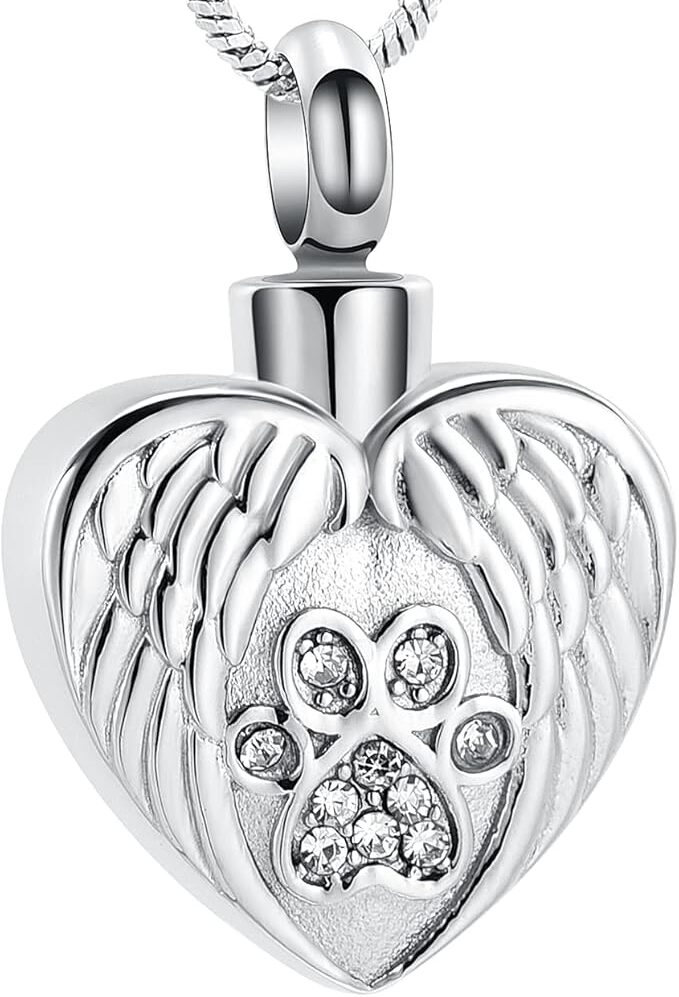 Silver Heart with Wings and White Paw Print - Angel Paws