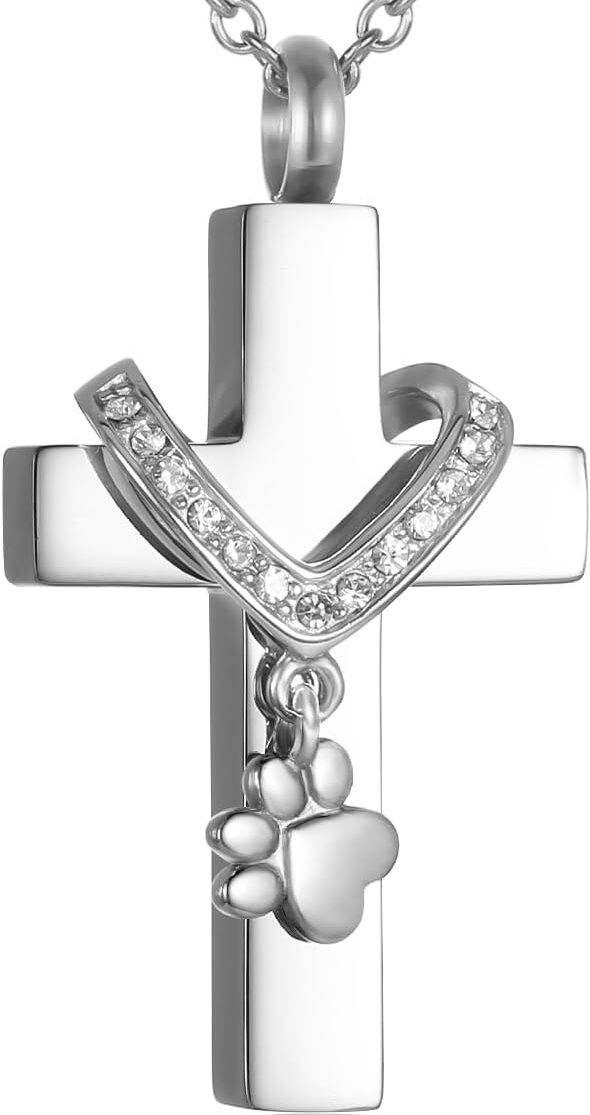 Cross With Hanging Paw Pendant - Angel Paws