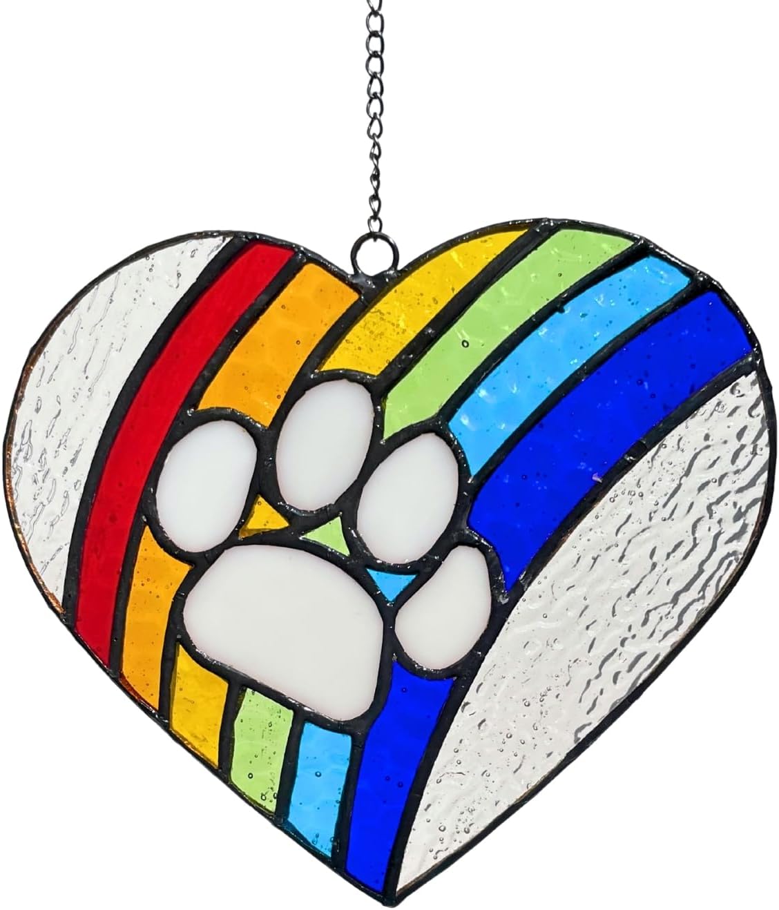 Stained Glass Rainbow Bridge Heart Paw Suncatcher - Angel Paws